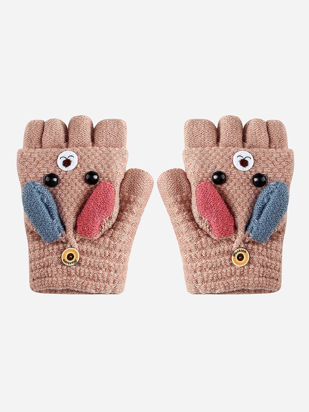 Toniq Kids Pink Cute Puppy Face Knitted Flip Top Winter Gloves For Kids